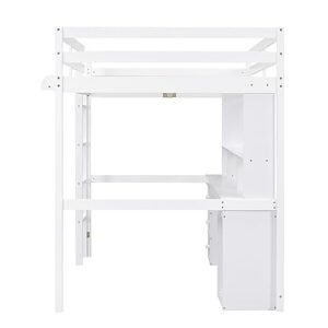 CITYLIGHT Full Loft Bed with Desk,Wood Full Size Loft Bed with Storage Shelves,Drawers and Cabinet, Loft Bed Full with Charging Station,LED Light and Bedside Tray for Kids Boys Girls,White