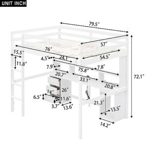 CITYLIGHT Full Loft Bed with Desk,Wood Full Size Loft Bed with Storage Shelves,Drawers and Cabinet, Loft Bed Full with Charging Station,LED Light and Bedside Tray for Kids Boys Girls,White