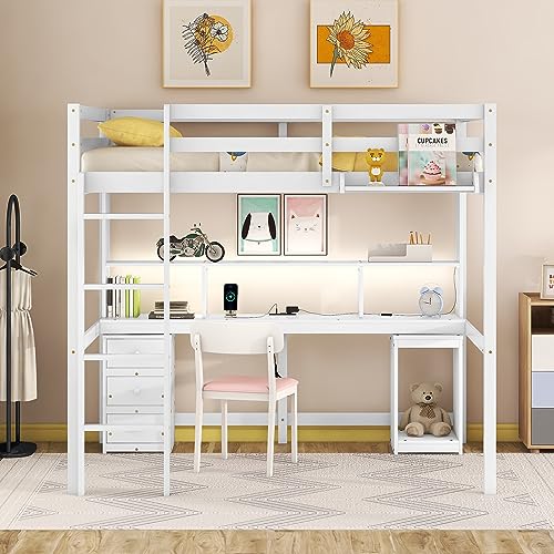 CITYLIGHT Full Loft Bed with Desk,Wood Full Size Loft Bed with Storage Shelves,Drawers and Cabinet, Loft Bed Full with Charging Station,LED Light and Bedside Tray for Kids Boys Girls,White