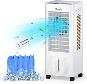 grelife evaporative air cooler, 3-in-1 portable air cooler with fan &humidifier, oscillation swamp cooler with 3 wind speeds, 3 modes, 4 ice packs, 12h timer, remote, for bedroom office home garage