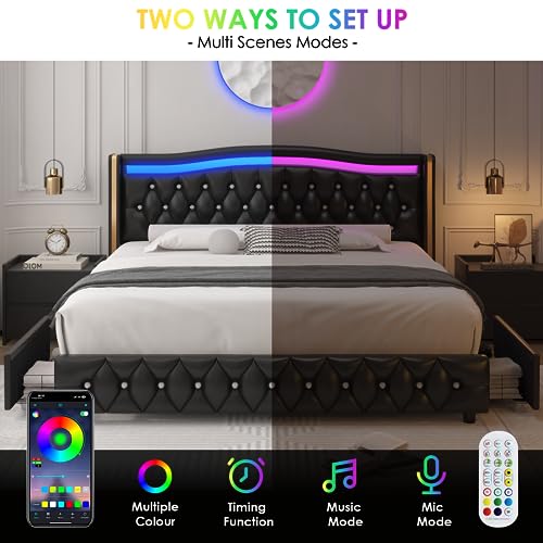 HIFIT Queen Smart LED Platform Bed Frame with 4 Storage Drawers, Crystal Button-Tufted & Stainless Gold Trim Wingback Headboard/Modern PU Upholstered Black Bed Frame/No Box Spring Needed/Easy Assembly