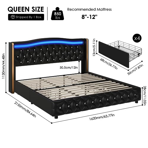 HIFIT Queen Smart LED Platform Bed Frame with 4 Storage Drawers, Crystal Button-Tufted & Stainless Gold Trim Wingback Headboard/Modern PU Upholstered Black Bed Frame/No Box Spring Needed/Easy Assembly