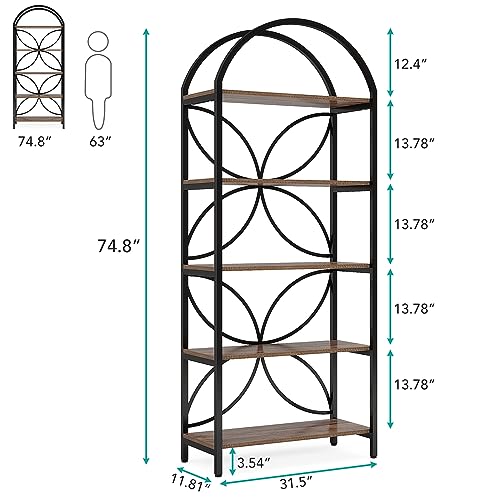 Tribesigns 5-Tier Bookshelf Set of 2, Tall Arched Bookcase Shelf Storage Organizer, Industrial Book Rack with Metal Frame, Standing Display Rack for Bedroom, Living Room, Home Office, Brown