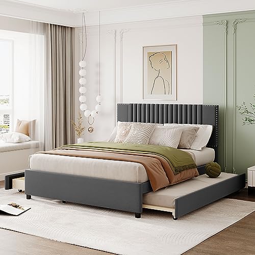 WADRI Queen Size Upholstered Platform Bed with 2 Drawers and 1 Twin XL Trundle, Linen Upholstered Platform Bed Frame with Wood Slats Support for Kids Teens Adult Bedroom (Gray + Linen 034)