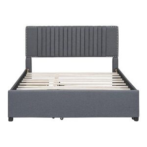 WADRI Queen Size Upholstered Platform Bed with 2 Drawers and 1 Twin XL Trundle, Linen Upholstered Platform Bed Frame with Wood Slats Support for Kids Teens Adult Bedroom (Gray + Linen 034)