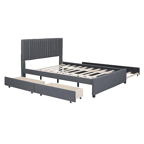 WADRI Queen Size Upholstered Platform Bed with 2 Drawers and 1 Twin XL Trundle, Linen Upholstered Platform Bed Frame with Wood Slats Support for Kids Teens Adult Bedroom (Gray + Linen 034)