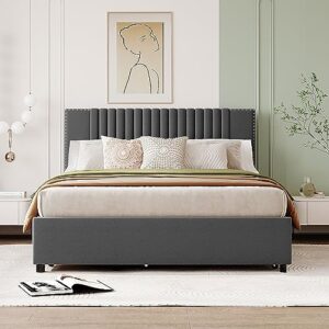 WADRI Queen Size Upholstered Platform Bed with 2 Drawers and 1 Twin XL Trundle, Linen Upholstered Platform Bed Frame with Wood Slats Support for Kids Teens Adult Bedroom (Gray + Linen 034)