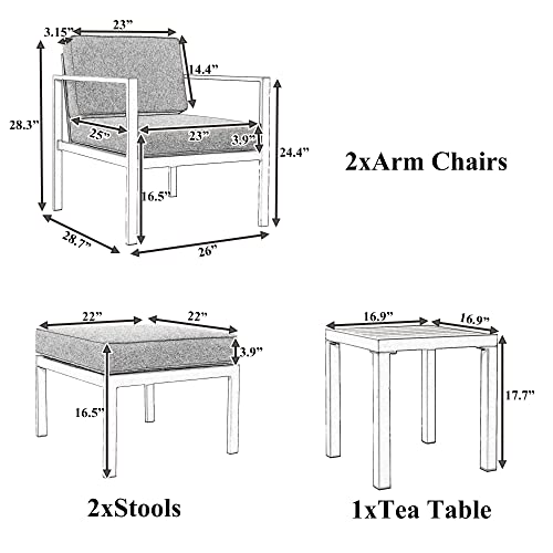 BIADNBZ 5-Piece Outdoor Patio Furniture Set for 4,UV-Resistant Aluminum Alloy Conversation Sofa Chairs with Coffee Table and Stools for Poolside, Garden, Black Frame+Gray Cushion