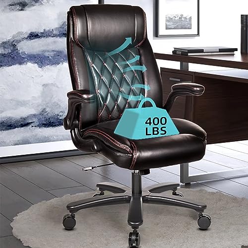 Ollega Big and Tall Office Chair 400lbs, High Back Executive Office Chair for Heavy People, Ergonomic Leather Computer Chair with Flip up Arms, Lumbar Support, Black Home Office Desk Chair