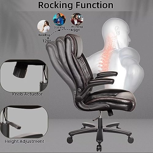 Ollega Big and Tall Office Chair 400lbs, High Back Executive Office Chair for Heavy People, Ergonomic Leather Computer Chair with Flip up Arms, Lumbar Support, Black Home Office Desk Chair