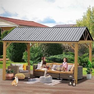 12'x14' hardtop gazebo outdoor aluminum gazebo with galvanized steel gable canopy for patio decks backyard (yellow-brown)