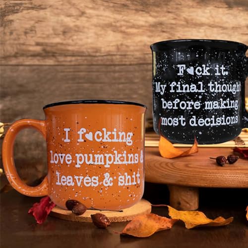 Funny Coffee Mug, I F*cking Love Pumpkins and Leaves and Shit Fall Stoneware Campfire mug, 15oz Coffee Mug Ceramic Cup, Unique Sarcastic Gag Gift for Women Men (#1)