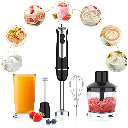 Immersion Blender 5 in 1 Hand Blender, 800W Hand Mixer Stick 12 Speed & Turbo Mode Hand Mixer with 600ml Mixing Beaker, 500ml Chopper, Milk Frother Attachments for Soup, Smoothies, Sauce, BPA Free