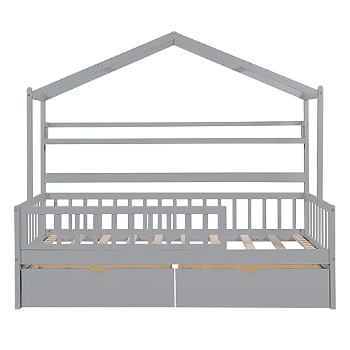 Harper & Bright Designs Twin House Bed with 2 Drawers, Wood Kids Bed Frame with Storage Shelf, Twin Size Montessori House Bed with Rails for Kids Girls, Boys,No Box Spring Needed,Grey