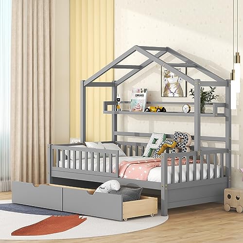 Harper & Bright Designs Twin House Bed with 2 Drawers, Wood Kids Bed Frame with Storage Shelf, Twin Size Montessori House Bed with Rails for Kids Girls, Boys,No Box Spring Needed,Grey