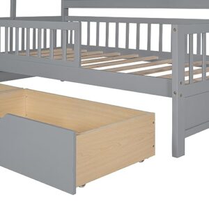 Harper & Bright Designs Twin House Bed with 2 Drawers, Wood Kids Bed Frame with Storage Shelf, Twin Size Montessori House Bed with Rails for Kids Girls, Boys,No Box Spring Needed,Grey