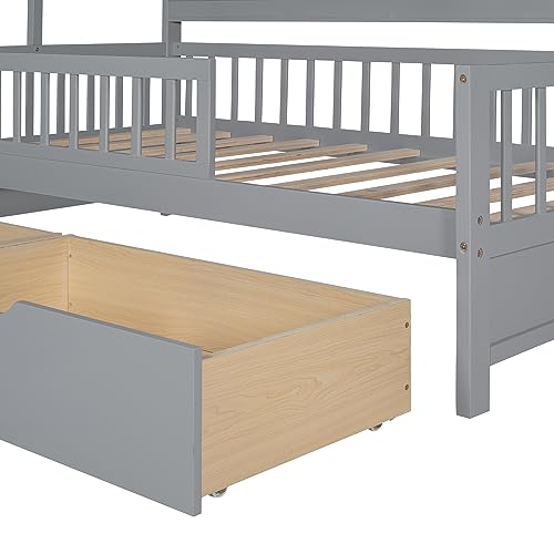 Harper & Bright Designs Twin House Bed with 2 Drawers, Wood Kids Bed Frame with Storage Shelf, Twin Size Montessori House Bed with Rails for Kids Girls, Boys,No Box Spring Needed,Grey