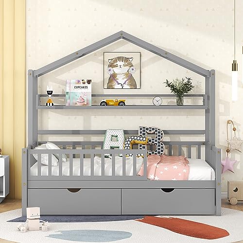 Harper & Bright Designs Twin House Bed with 2 Drawers, Wood Kids Bed Frame with Storage Shelf, Twin Size Montessori House Bed with Rails for Kids Girls, Boys,No Box Spring Needed,Grey