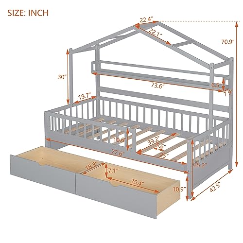 Harper & Bright Designs Twin House Bed with 2 Drawers, Wood Kids Bed Frame with Storage Shelf, Twin Size Montessori House Bed with Rails for Kids Girls, Boys,No Box Spring Needed,Grey