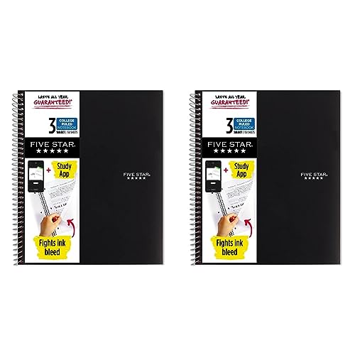 Five Star Spiral Notebook + Study App, 3 Subject, College Ruled Paper, Fights Ink Bleed, Water Resistant Cover, 8-1/2" x 11", 150 Sheets, Black (72069) (Pack of 2)