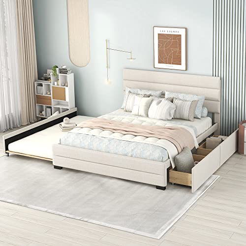 BIADNBZ Queen Size Platform Bed with Trundle and Two Drawers, Solid Wood Bedframe with Upholstered Headboard, for Bedroom, Beige