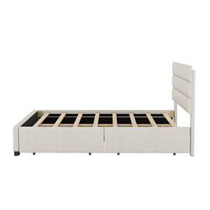 BIADNBZ Queen Size Platform Bed with Trundle and Two Drawers, Solid Wood Bedframe with Upholstered Headboard, for Bedroom, Beige