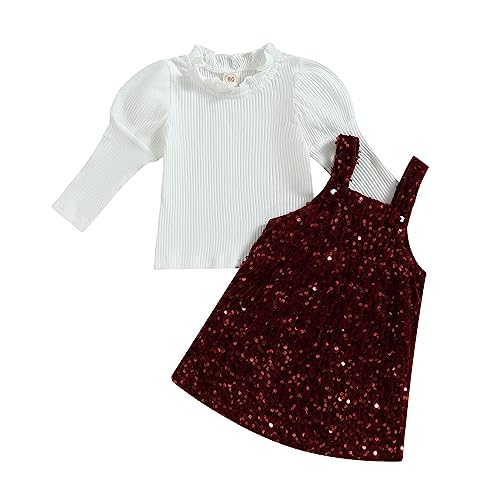 Zoiuytrg Toddler Baby Girl Fall Winter Clothes Ribbed Knitted Sweater Pullover Shirt Suspender Skirt Dress Christmas Outfits (White+Wine Red Sequin, 1-2 Years)