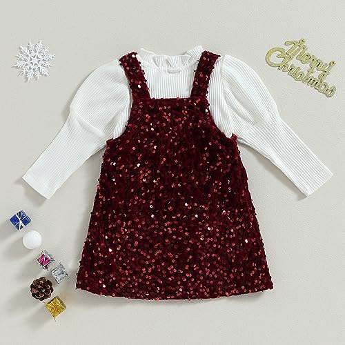 Zoiuytrg Toddler Baby Girl Fall Winter Clothes Ribbed Knitted Sweater Pullover Shirt Suspender Skirt Dress Christmas Outfits (White+Wine Red Sequin, 1-2 Years)