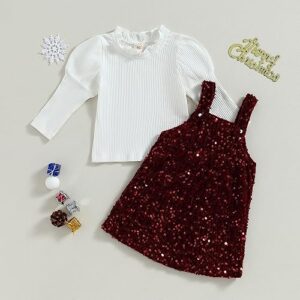 Zoiuytrg Toddler Baby Girl Fall Winter Clothes Ribbed Knitted Sweater Pullover Shirt Suspender Skirt Dress Christmas Outfits (White+Wine Red Sequin, 1-2 Years)