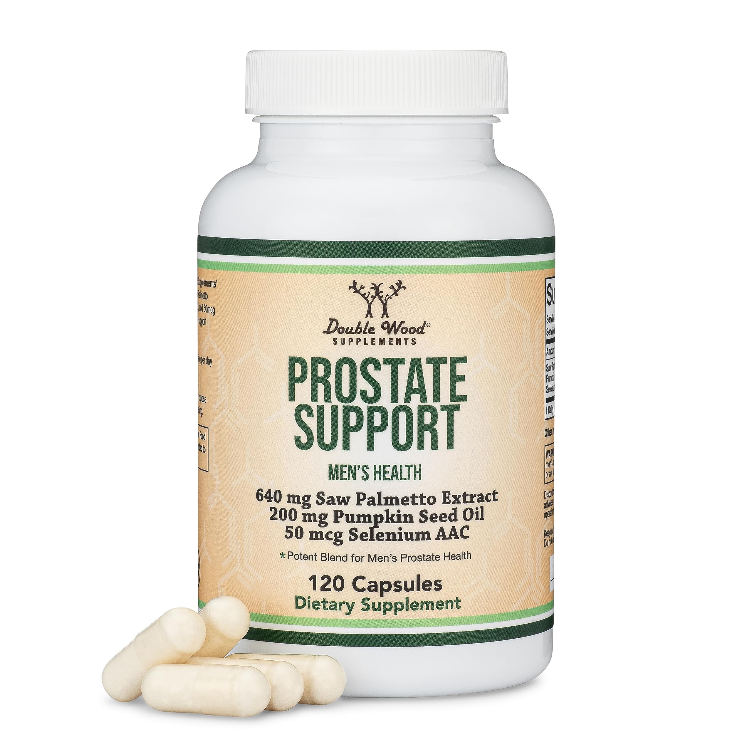 Prostate Support Supplement for Men's Health (120 Capsules) One Serving per Day for 30 Days Supports Prostate Function and Urinary Control (Saw Palmetto, Pumpkin Seed Oil, Selenium) by Double Wood