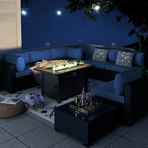 SUNLEI Patio Furniture Set (8 PCS) with 45" 50000BTU Pit Table, All Weather Rattan Patio Conversation Sofa with Coffee Table, Aegean Blue/Black Rattan