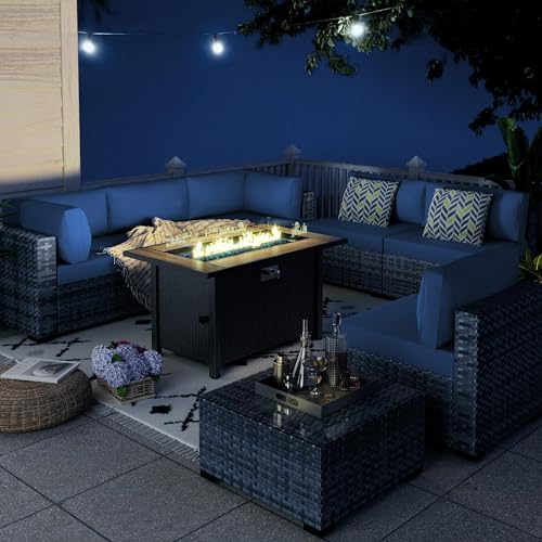 SUNLEI Patio Furniture Set (8 PCS) with 45" 50000BTU Pit Table, All Weather Rattan Patio Conversation Sofa with Coffee Table, Aegean Blue/Black Rattan