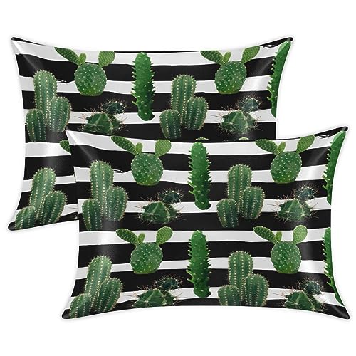 Cactus Stripes Satin Pillow Cases Silk Satin Pillowcase for Hair and Skin Standard Set of 2 Super Soft Silk Pillowcase with Envelope Closure (20x26 in)