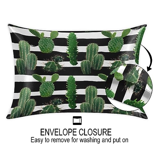 Cactus Stripes Satin Pillow Cases Silk Satin Pillowcase for Hair and Skin Standard Set of 2 Super Soft Silk Pillowcase with Envelope Closure (20x26 in)