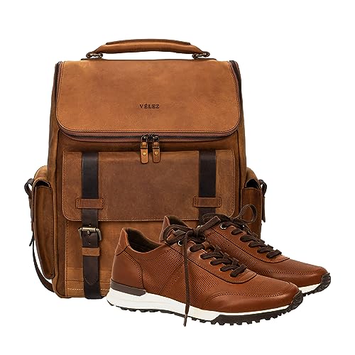 VELEZ 12 Mens Brown Business Casual Sneakers + Top Grain Leather Backpack for Men Brown Designer Bookbag Business Casual Shoulder Bag