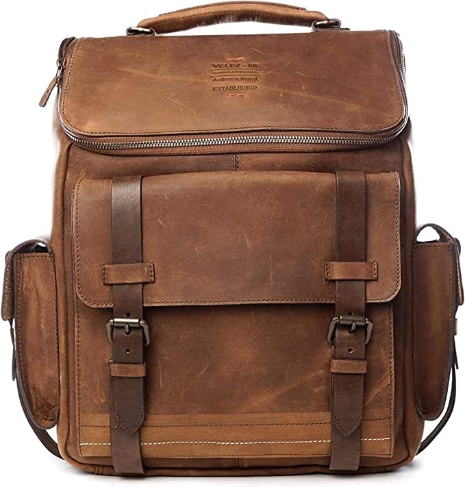 VELEZ 12 Mens Brown Business Casual Sneakers + Top Grain Leather Backpack for Men Brown Designer Bookbag Business Casual Shoulder Bag