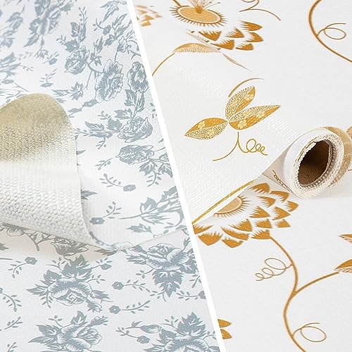 RAY STAR Shelf Liner, 12 Inch x 10 Feet Non Adhesive Silver White Golden Floral Cabinet Liner for Pantry Drawer Vanity, Strong Grip Non Slip Waterproof, Shelf Liners for Kitchen Cabinets