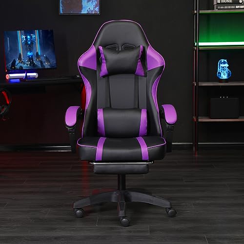 Gaming Chair with Footrest, PU Leather Video Game Chairs for Adults, 360°Swivel Adjustable Lumbar Pillow Gamer Chair, Comfortable Computer Chair for Heavy People