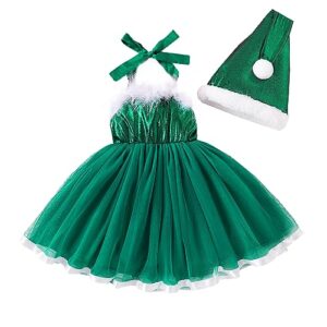 baby girl christmas dress sleeveless mesh tulle ruched fluff trim bowknot sweet with santa hat princess fall winter (green, 1-2 years)