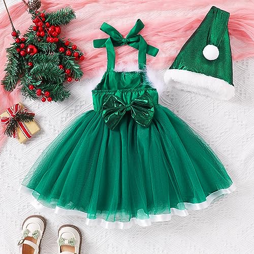 Baby Girl Christmas Dress Sleeveless Mesh Tulle Ruched Fluff Trim Bowknot Sweet with Santa Hat Princess Fall Winter (Green, 1-2 Years)