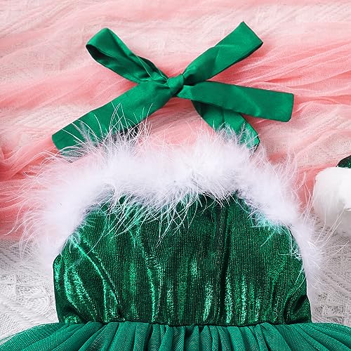 Baby Girl Christmas Dress Sleeveless Mesh Tulle Ruched Fluff Trim Bowknot Sweet with Santa Hat Princess Fall Winter (Green, 1-2 Years)