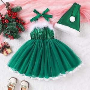 Baby Girl Christmas Dress Sleeveless Mesh Tulle Ruched Fluff Trim Bowknot Sweet with Santa Hat Princess Fall Winter (Green, 1-2 Years)