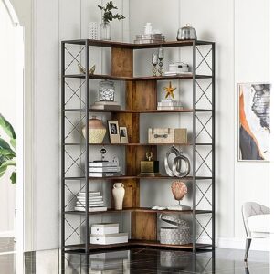 pkugu 7 tier open bookshelf, tall 7 tier bookshelf, organizer for bedroom, mid century modern shelves, industrial style shelf with open storage, l-shaped corner bookcase with metal frame, brown+black