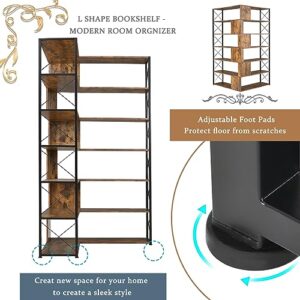 PKUGU 7 Tier Open Bookshelf, Tall 7 Tier Bookshelf, Organizer for Bedroom, Mid Century Modern Shelves, Industrial Style Shelf with Open Storage, L-Shaped Corner Bookcase with Metal Frame, Brown+Black