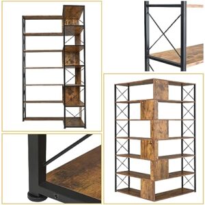 PKUGU 7 Tier Open Bookshelf, Tall 7 Tier Bookshelf, Organizer for Bedroom, Mid Century Modern Shelves, Industrial Style Shelf with Open Storage, L-Shaped Corner Bookcase with Metal Frame, Brown+Black