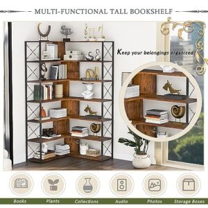 PKUGU 7 Tier Open Bookshelf, Tall 7 Tier Bookshelf, Organizer for Bedroom, Mid Century Modern Shelves, Industrial Style Shelf with Open Storage, L-Shaped Corner Bookcase with Metal Frame, Brown+Black