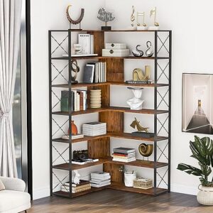 PKUGU 7 Tier Open Bookshelf, Tall 7 Tier Bookshelf, Organizer for Bedroom, Mid Century Modern Shelves, Industrial Style Shelf with Open Storage, L-Shaped Corner Bookcase with Metal Frame, Brown+Black