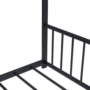 SIYSNKSI Full Size House Bed, Metal Floor Bed Frame with Roof and Sturdy Slat Support, Platform Bed for Kids Teens Girls Boys Bedroom Furniture, No Box Spring Needed (Black + Metal-C36)