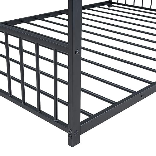 SIYSNKSI Full Size House Bed, Metal Floor Bed Frame with Roof and Sturdy Slat Support, Platform Bed for Kids Teens Girls Boys Bedroom Furniture, No Box Spring Needed (Black + Metal-C36)