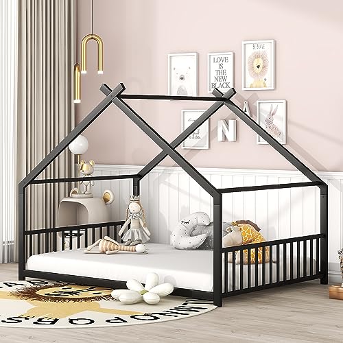 SIYSNKSI Full Size House Bed, Metal Floor Bed Frame with Roof and Sturdy Slat Support, Platform Bed for Kids Teens Girls Boys Bedroom Furniture, No Box Spring Needed (Black + Metal-C36)